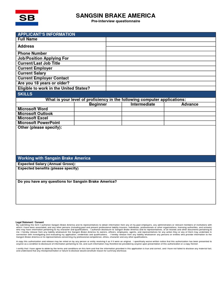 Sangsin Brake America Pre-Interview Form | PDF | Misrepresentation ...