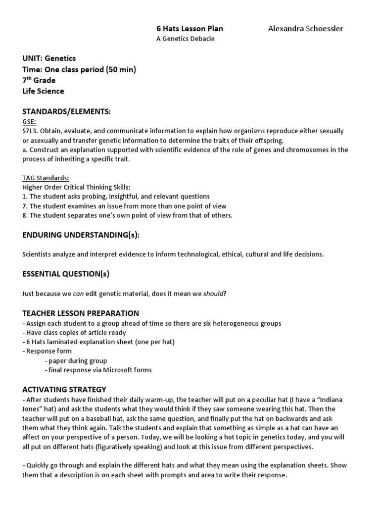 6 Thinking Hats Lesson Plan | PDF | Genetics | Educational Assessment