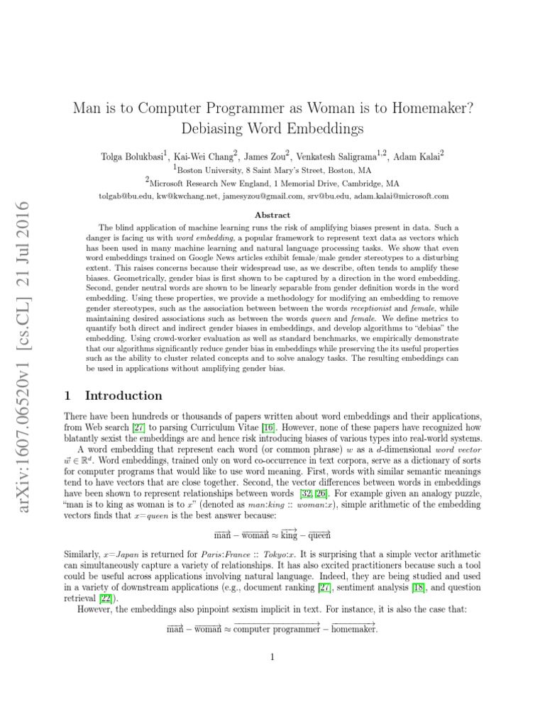 Man Is To Computer Programmer As Woman Is To Homemaker? Debiasing Word Embeddings | PDF | Bias ...
