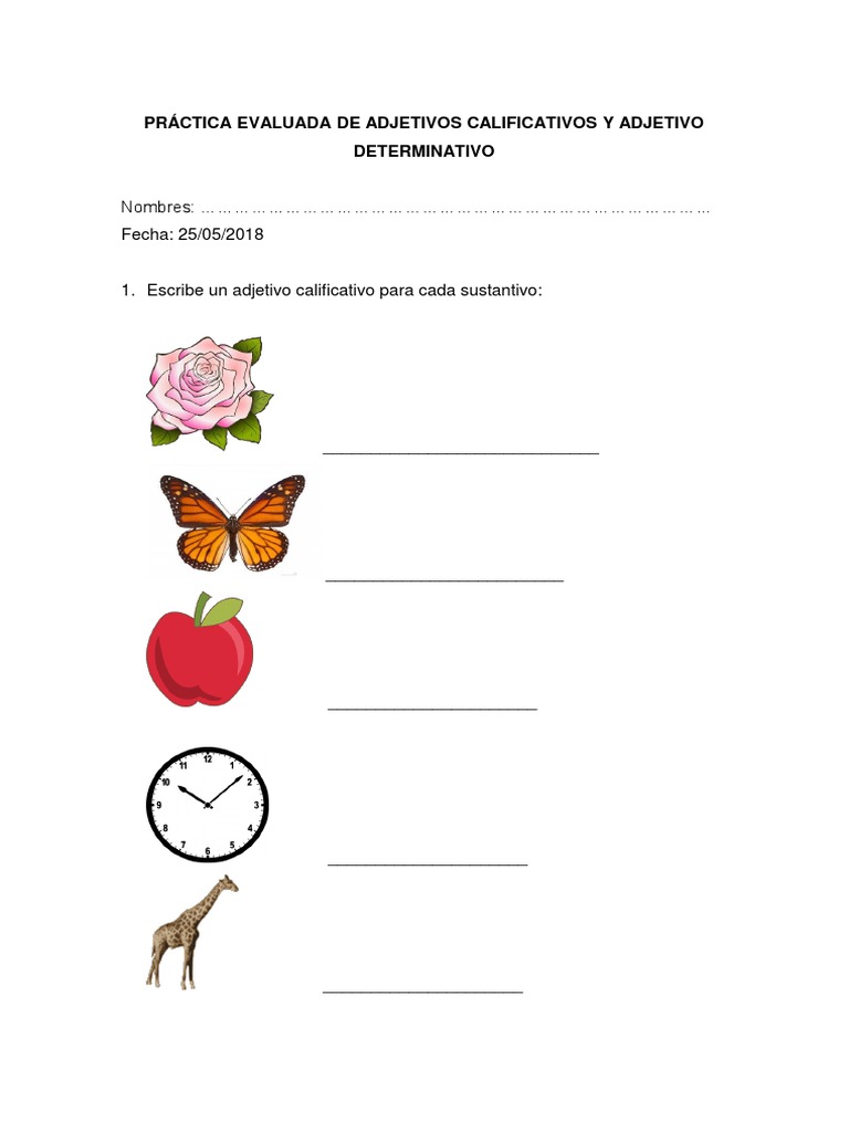 Práctica Evaluada de Adjetivos Calificativos y Adjetivo Determinativo