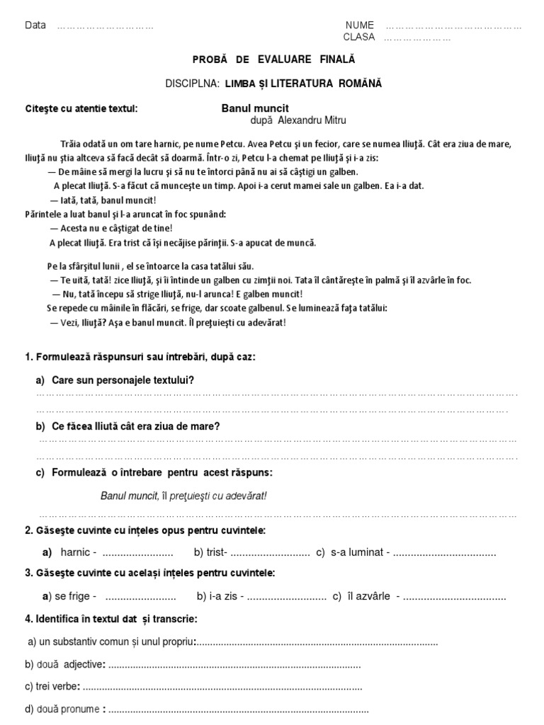 Test Evaluare Finala Clasa A IV A | PDF