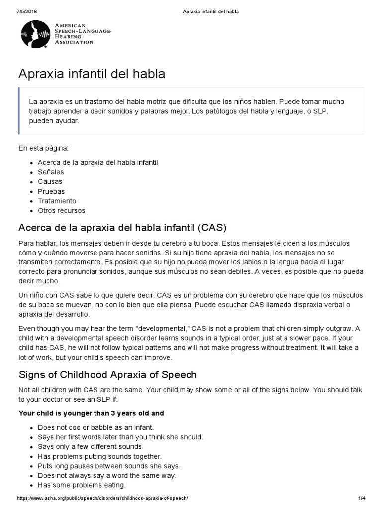 Apraxia Infantil Del Habla - ASHA | PDF | Enfermedades asociadas al ...
