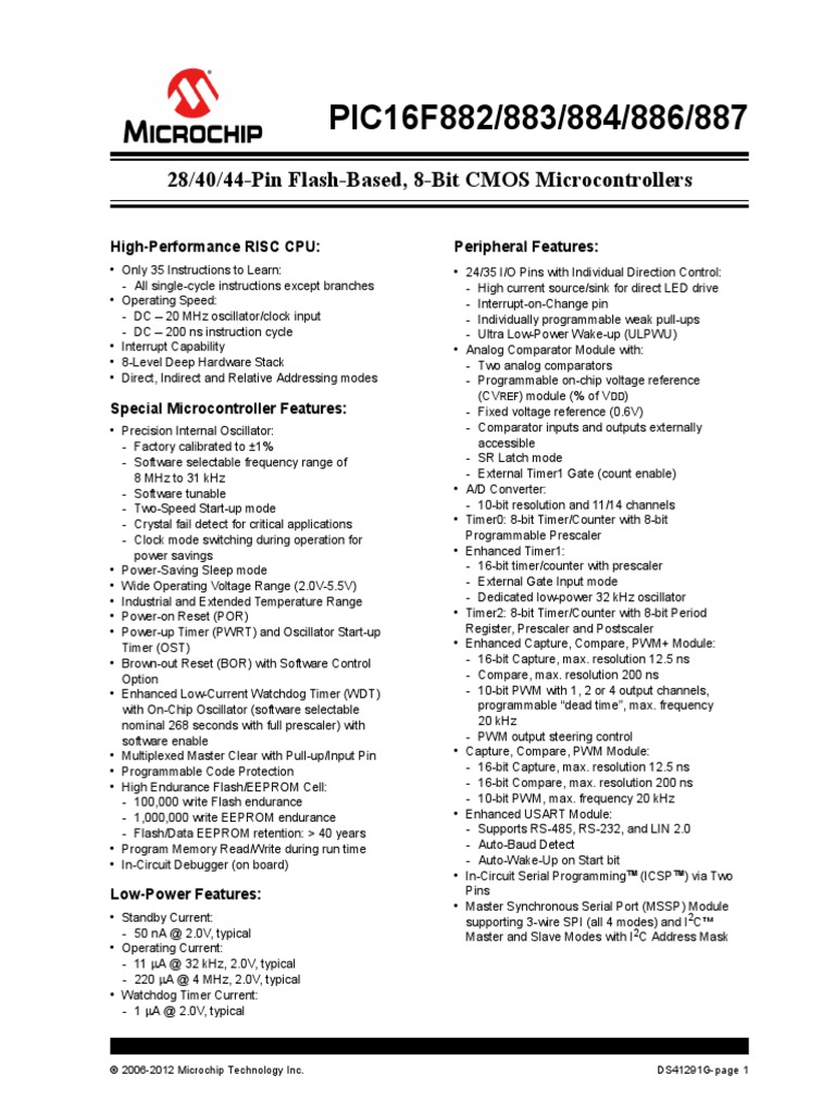 PIC16F882/883/884/886/887: 28/40/44-Pin Flash-Based, 8-Bit CMOS Microcontrollers | PDF ...