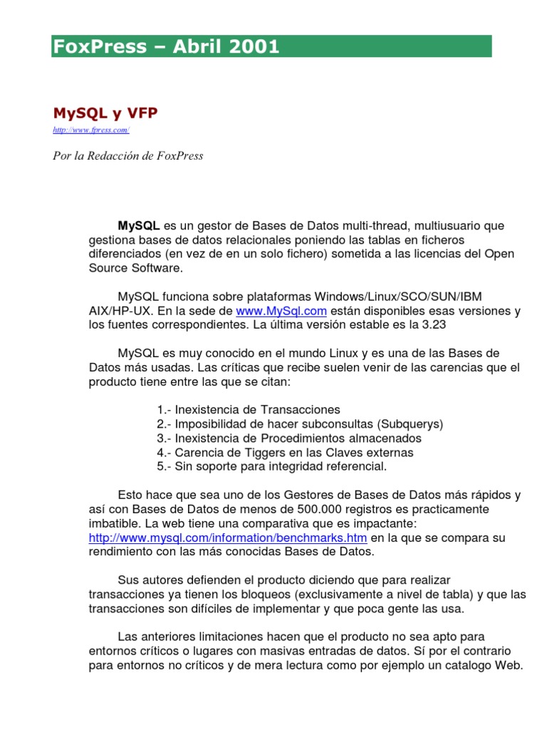 MySQL e Visual Foxpro | PDF | Postgre Sql | Mi sql