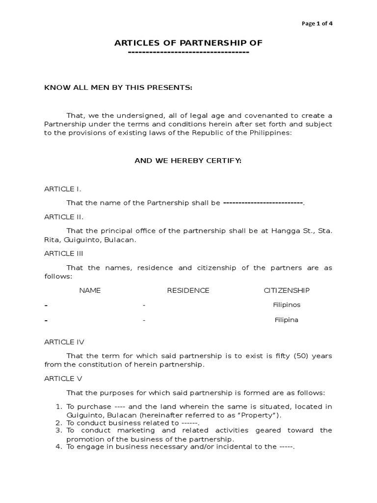 Articles of Partnership Sample | PDF | Partnership | Interest