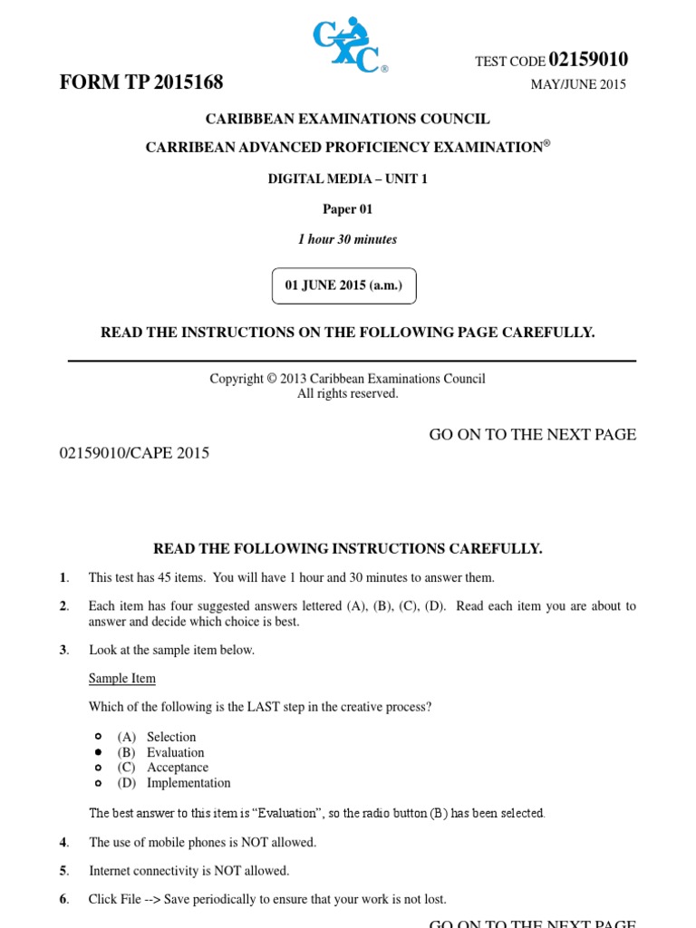 02159010 FORM TP 2015168: Caribbean Examinations Council Carribean ...