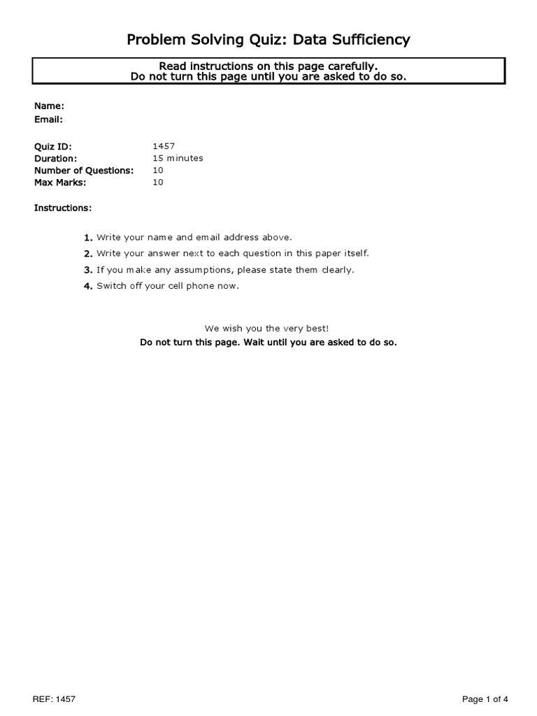 Problem Solving Quiz: Data Sufficiency | PDF | Fraction (Mathematics ...