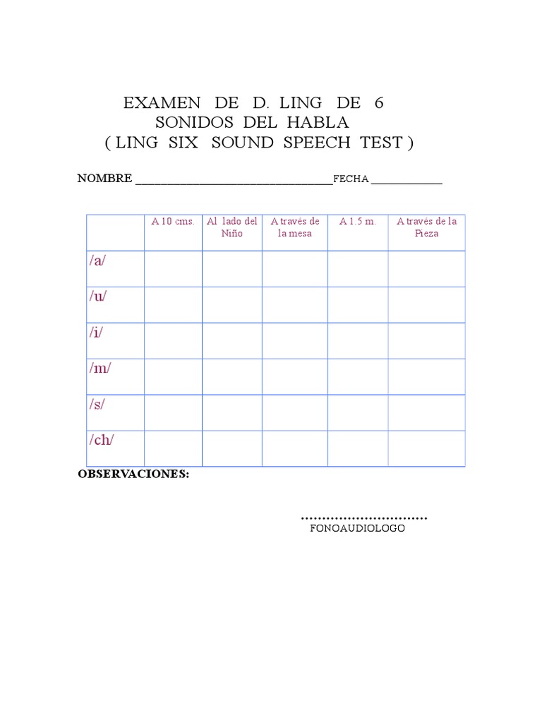 Examen de D. Ling de 6 Sonidos Del Habla (Ling Six Sound Speech Test) | PDF