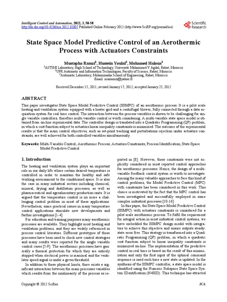 State Space Model Predictive Control Of An Aerothermic Process With Actuators Constraints