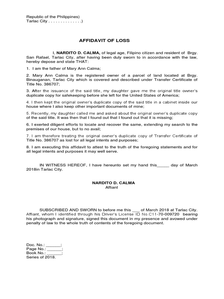 Affidavit of Loss Title | PDF | Affidavit | Government And Personhood