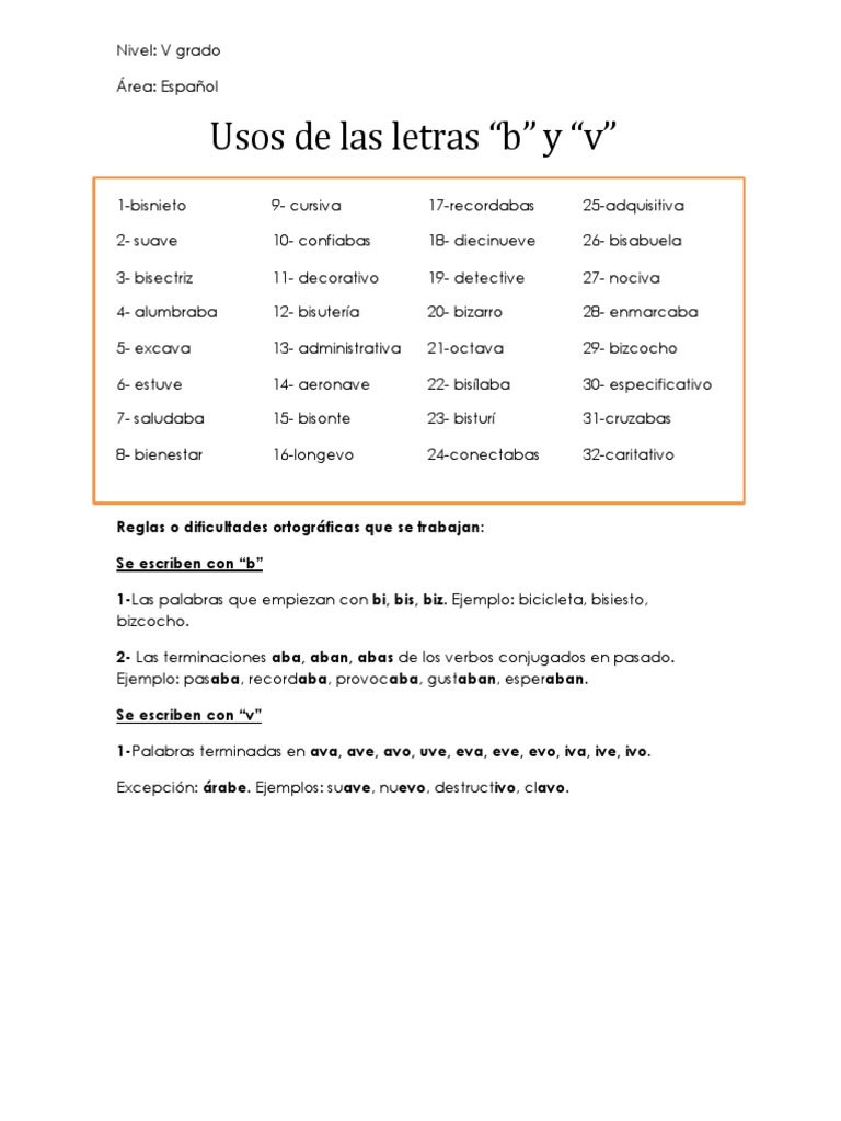 Usos de "b" y "v" en Español V grado | PDF