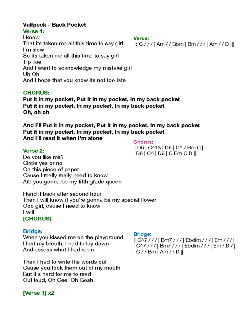 Vulfpeck - Back Pocket (Lyric Chart) | PDF