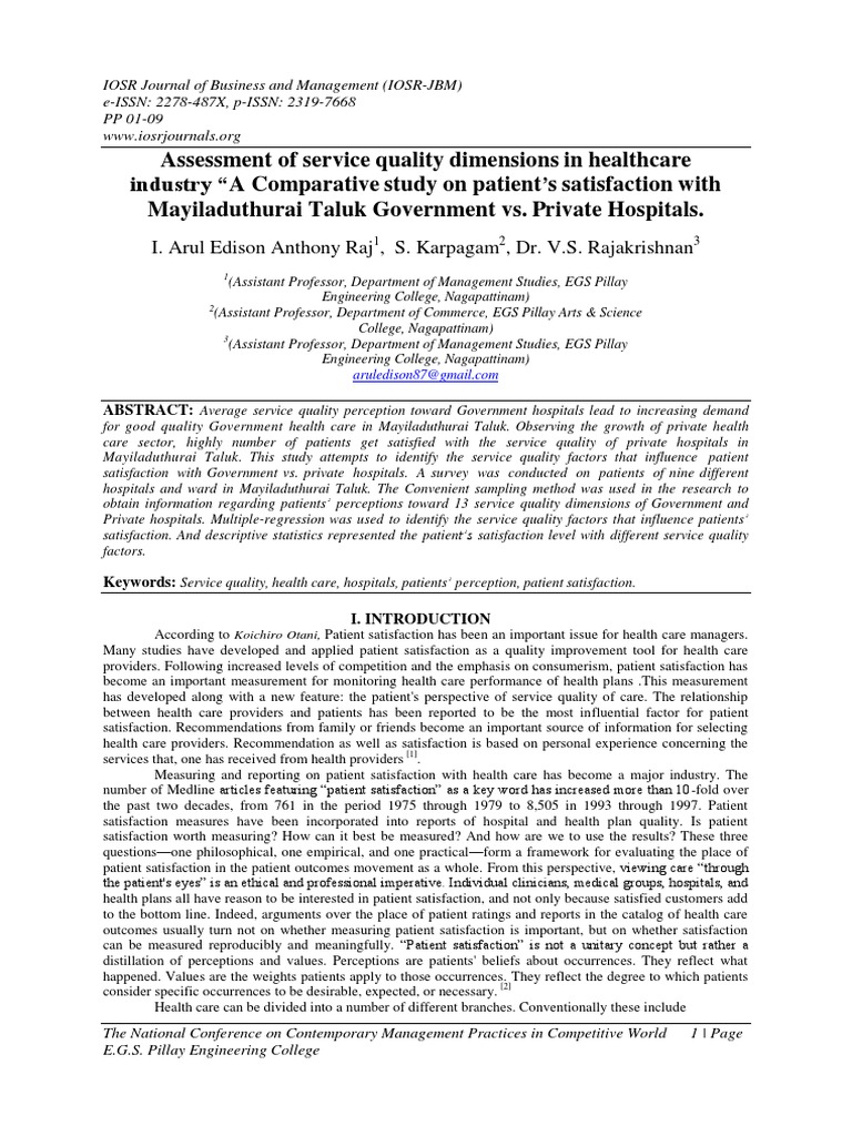 Assessment of Service Quality Dimensions in Healthcare Industry "A ...