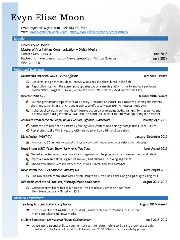 2018 Resume Evyn Moon | PDF | News Broadcasting | News