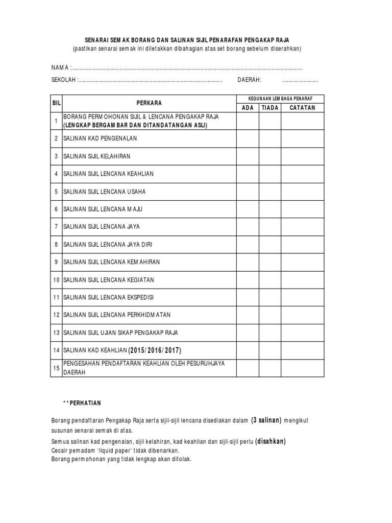 Senarai Semak Pengakap Raja 2018 | PDF