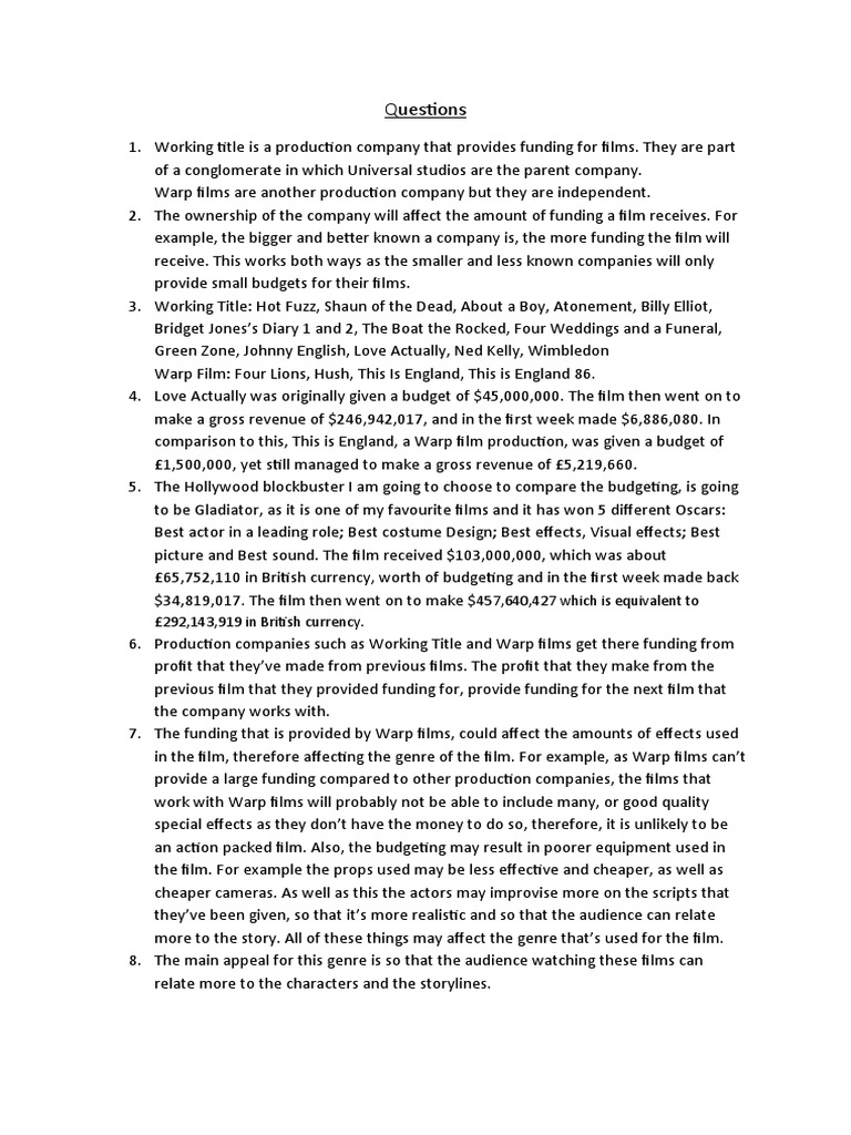 Working Title vs. Warp Films Budgeting | PDF