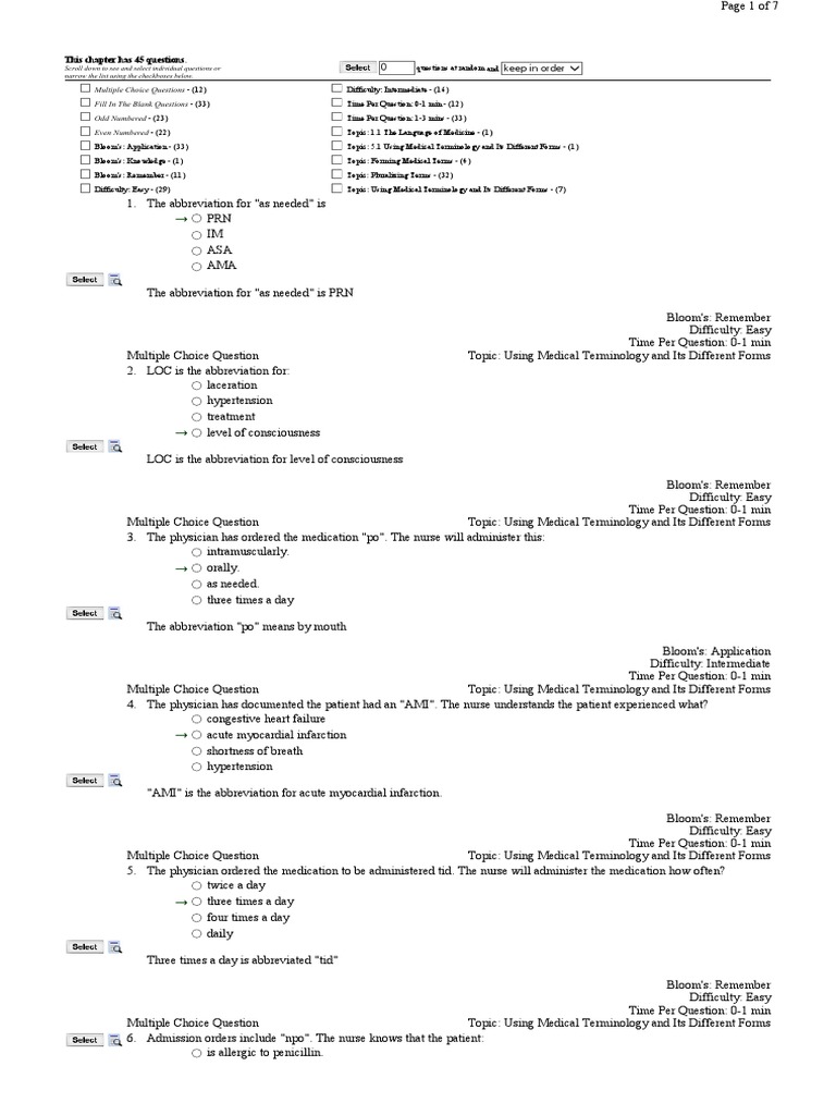 Medical Terminology Practice Quiz | PDF | Myocardial Infarction | Medicine