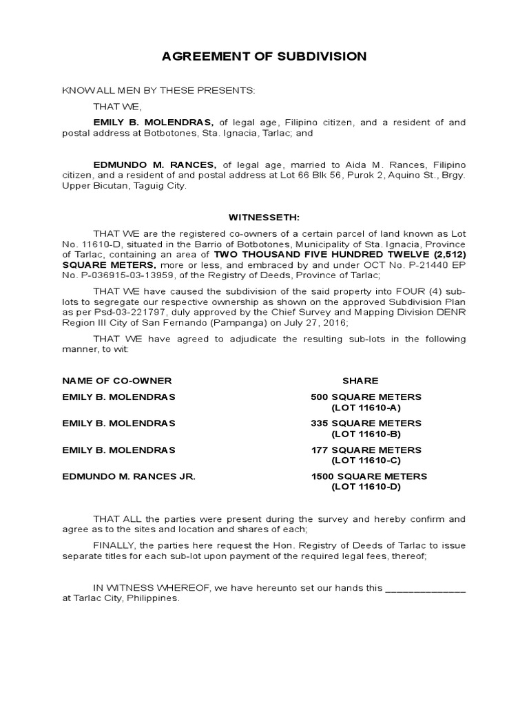 Agreement of Subdivision | PDF | Government Information | Government