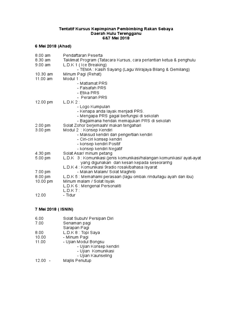 Tentatif Kursus Kepimpinan Pembimbing Rakan Sebaya | PDF