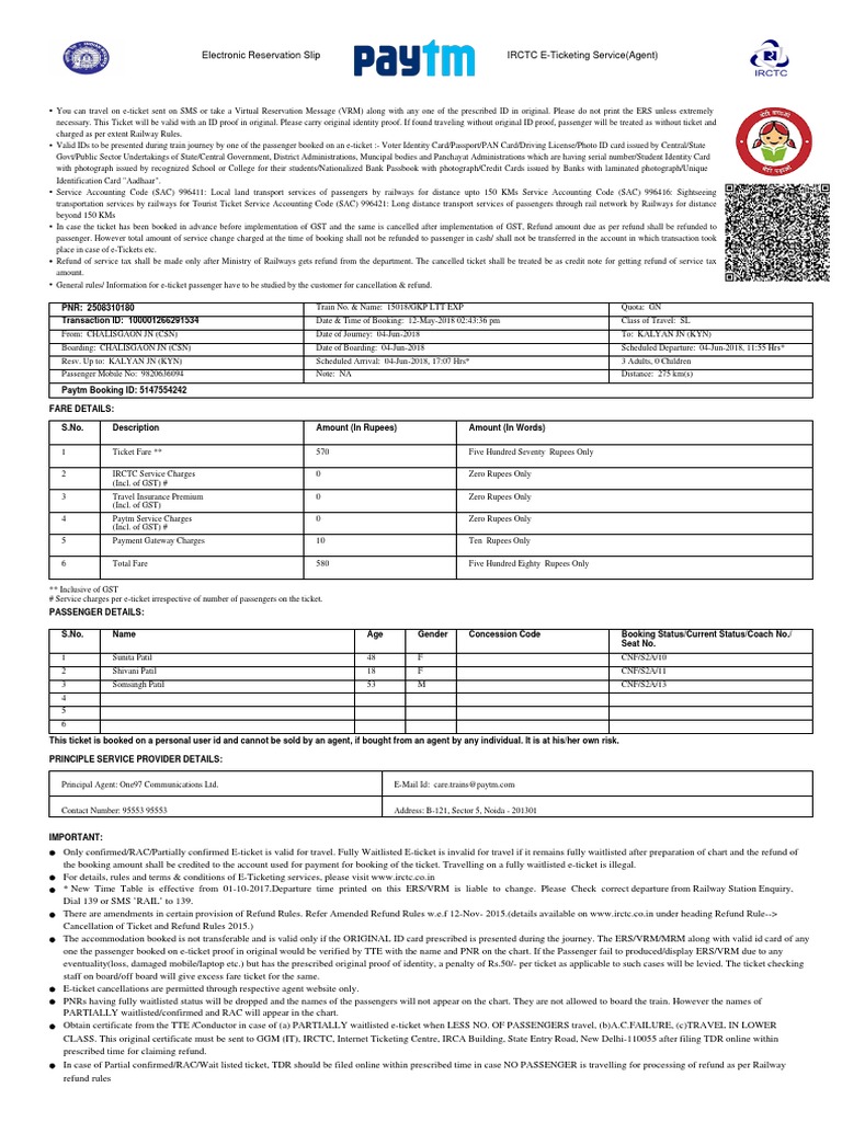 Electronic Reservation Slip IRCTC E-Ticketing Service (Agent) | PDF ...