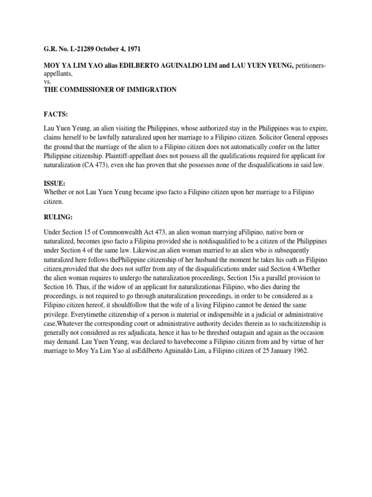 Mo Ya Lim Yao vs. Commissioner of Immigration | PDF