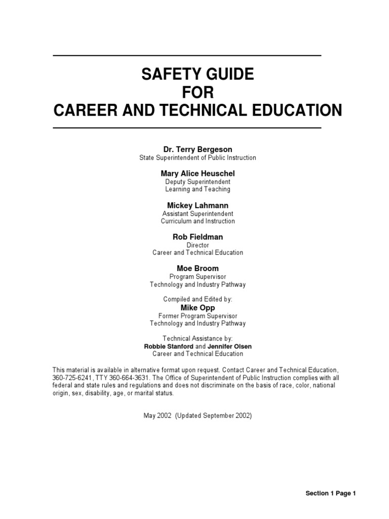 Safety Guide FOR Career and Technical Education: Dr. Terry Bergeson ...