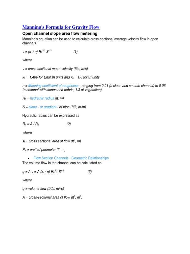Manning's Formula For Gravity Flow: Open Channel Slope Area Flow ...