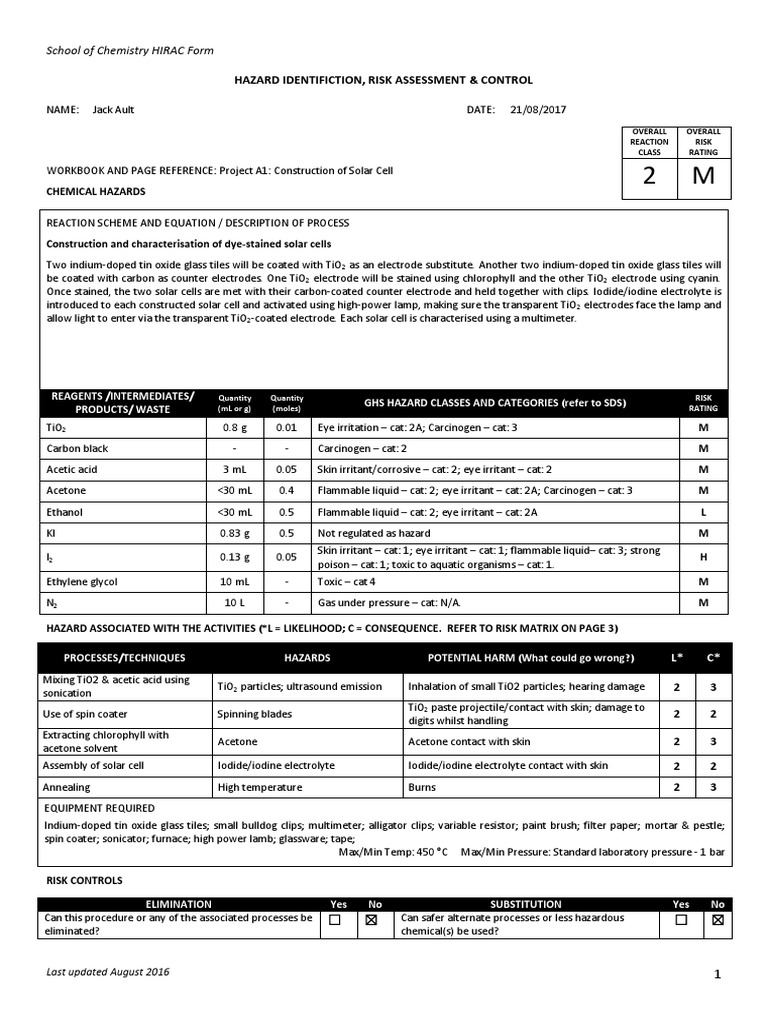 Hazard Identifiction, Risk Assessment & Control: School of Chemistry ...