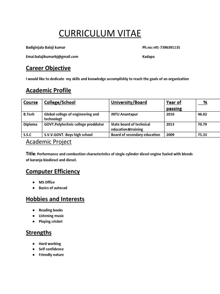 Curriculum Vitae: Career Objective | PDF