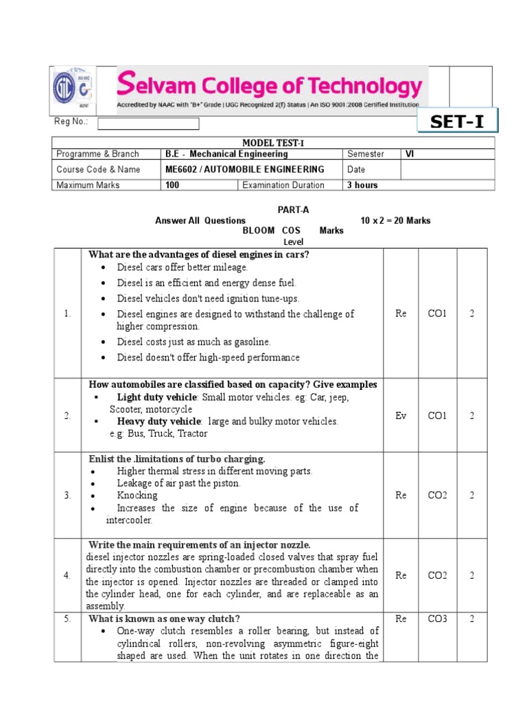 Automobile Engineering Model Exam Question Paper | PDF | Diesel Engine ...