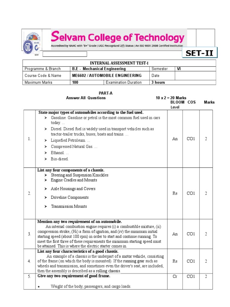Automobile Engineering Internal Test Question Papers | PDF | Internal ...