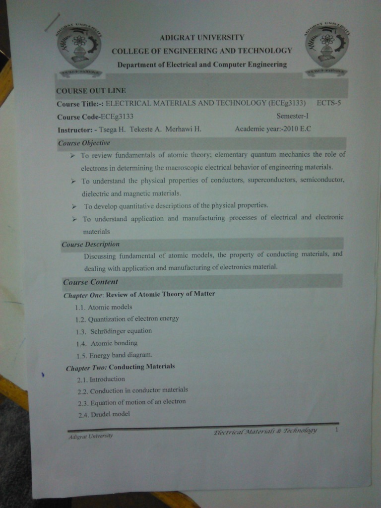 Electrical Material and Technology Course Outline | PDF