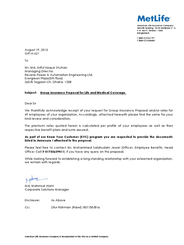 Subject: Group Insurance Proposal For Life and Medical Coverage | PDF