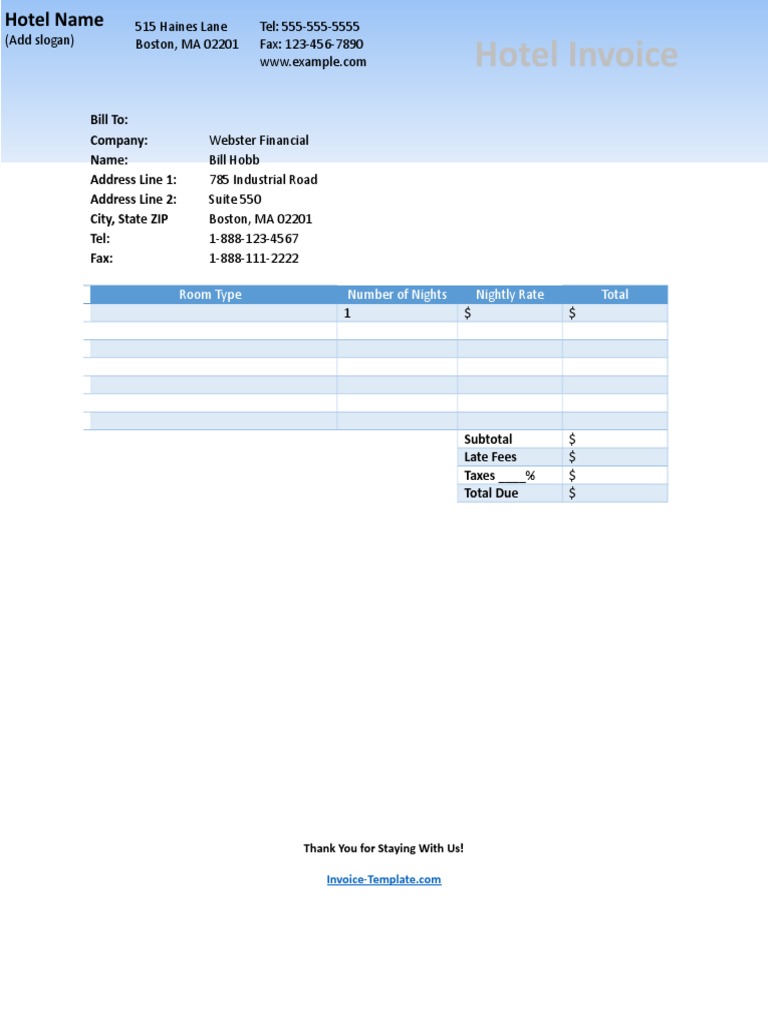 Hotel Invoice: Bill To: Company: Name: Address Line 1: Address Line 2 ...