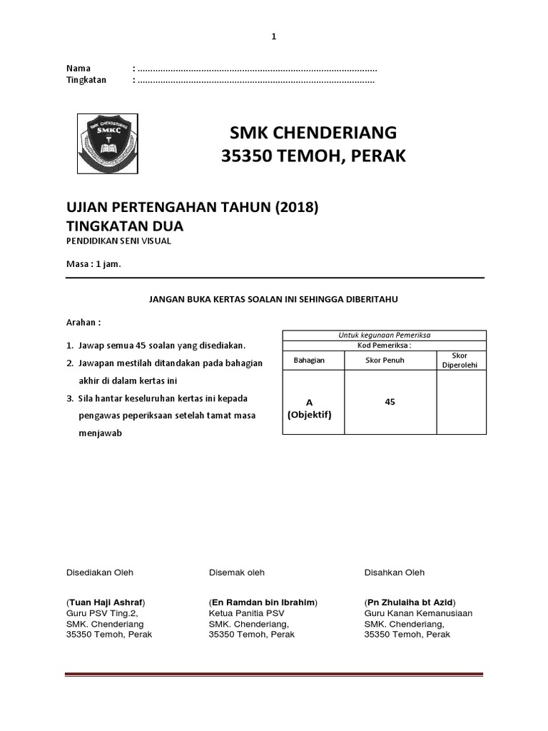 Ujian Pertengahan Tahun PSV Ting 2 2018 | PDF