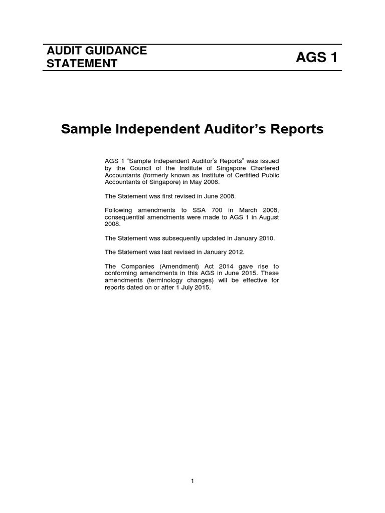 AGS 1: Sample Auditor's Reports | PDF | Financial Audit | Internal Control