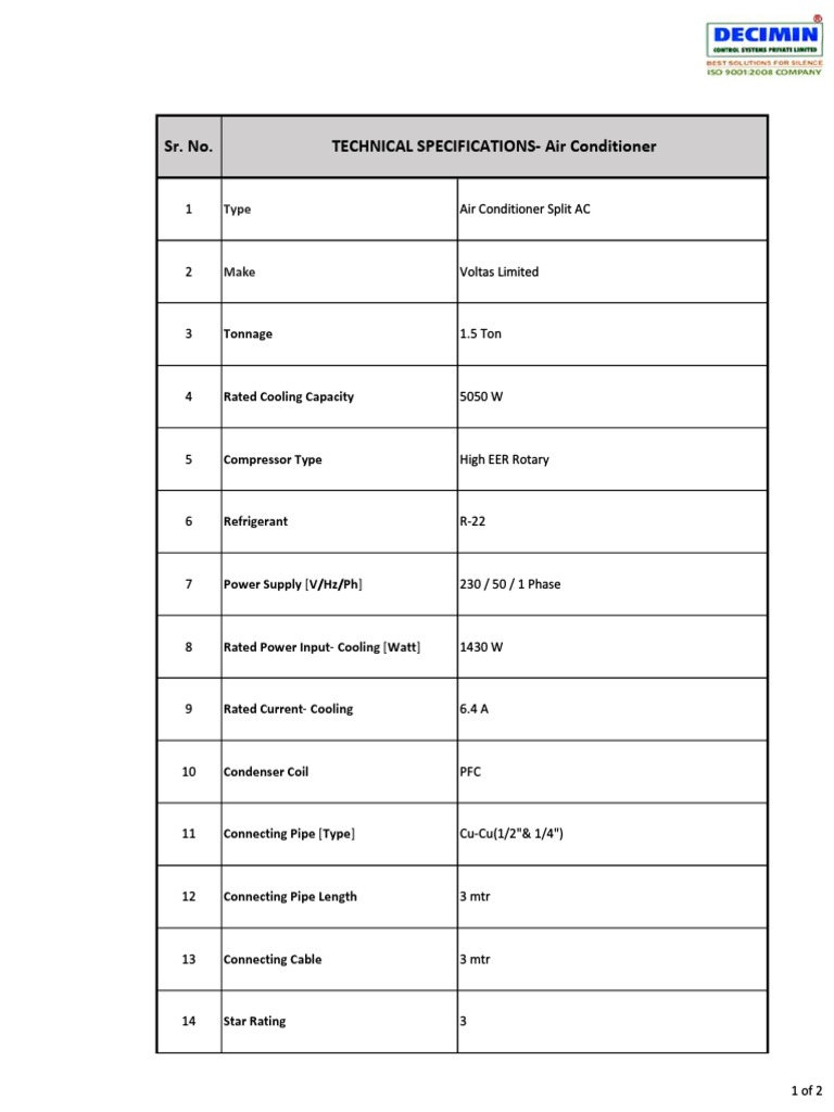 Air Conditioner Specification | PDF