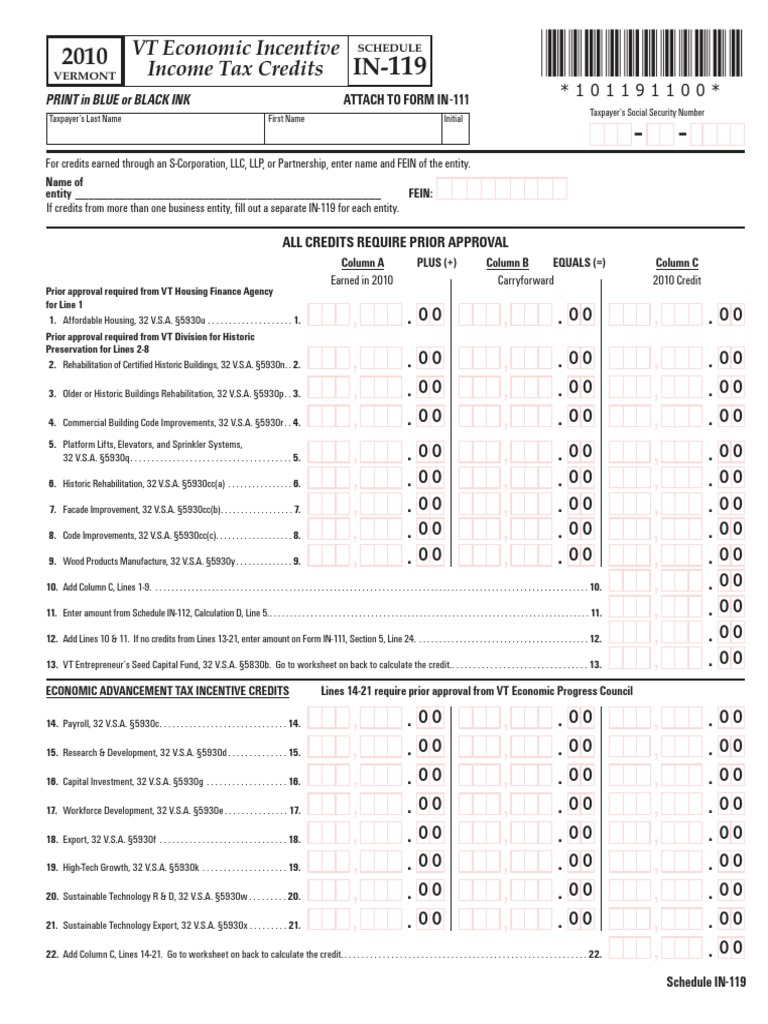VT Economic Incentive Income Tax Credits: Print in Blue or Black Ink ...