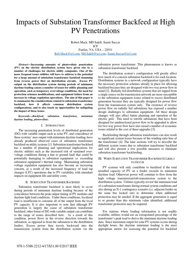 Impacts of Substation Transformer Backfeed at High PV Penetrations ...