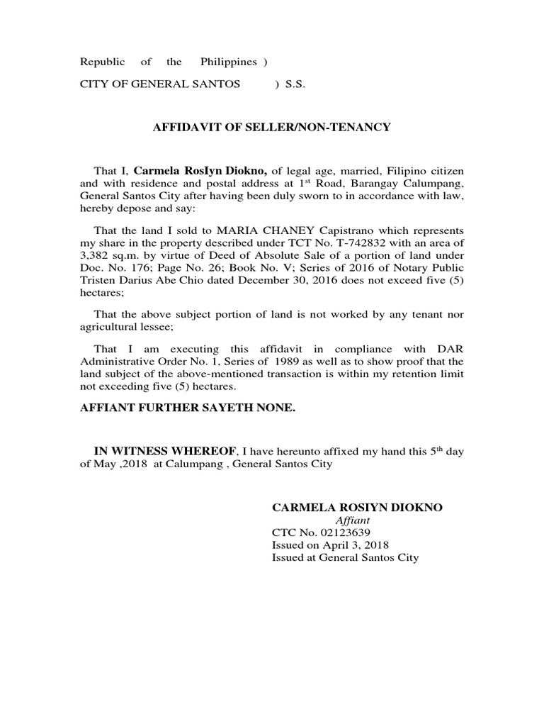 Affidavit of Seller/Non-Tenancy: Affiant | PDF