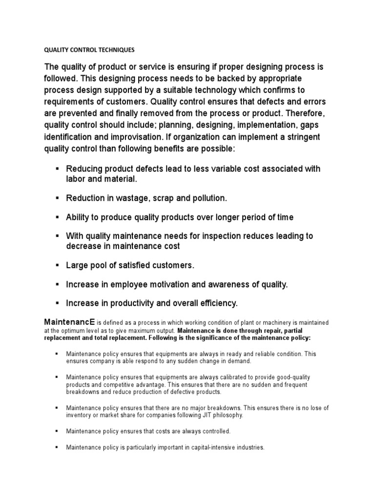 Quality Control Techniques | PDF | Quality (Business) | Inventory