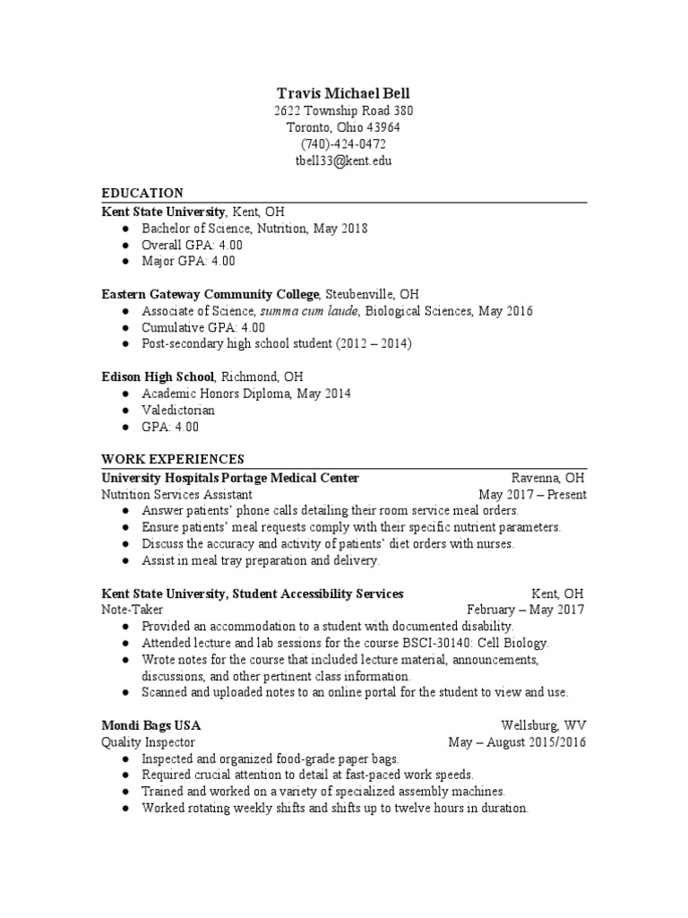 Travis Bell: Nutrition Professional Profile | PDF | Health Care | Foods
