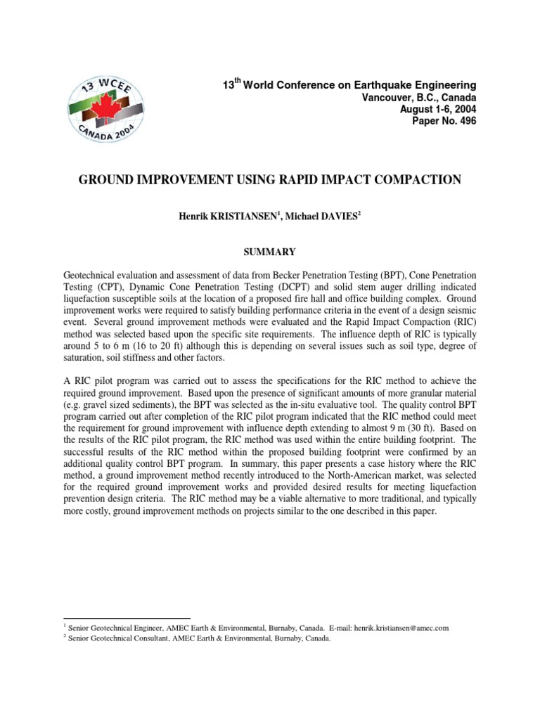 Ground Improvement Using Rapid Impact Compaction: 13 World Conference ...