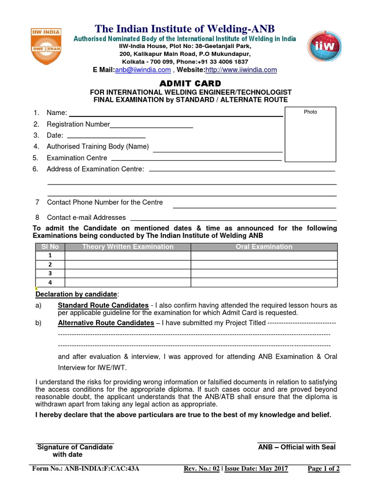 43a - Admit Card - Iwe Examination - Rev02 - 2017 | PDF | Test ...
