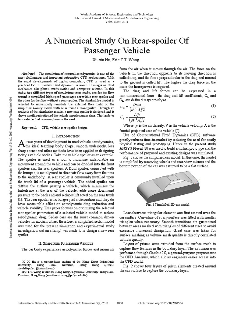 Rear Spoiler Design for Passenger Cars | PDF | Lift (Force) | Drag ...