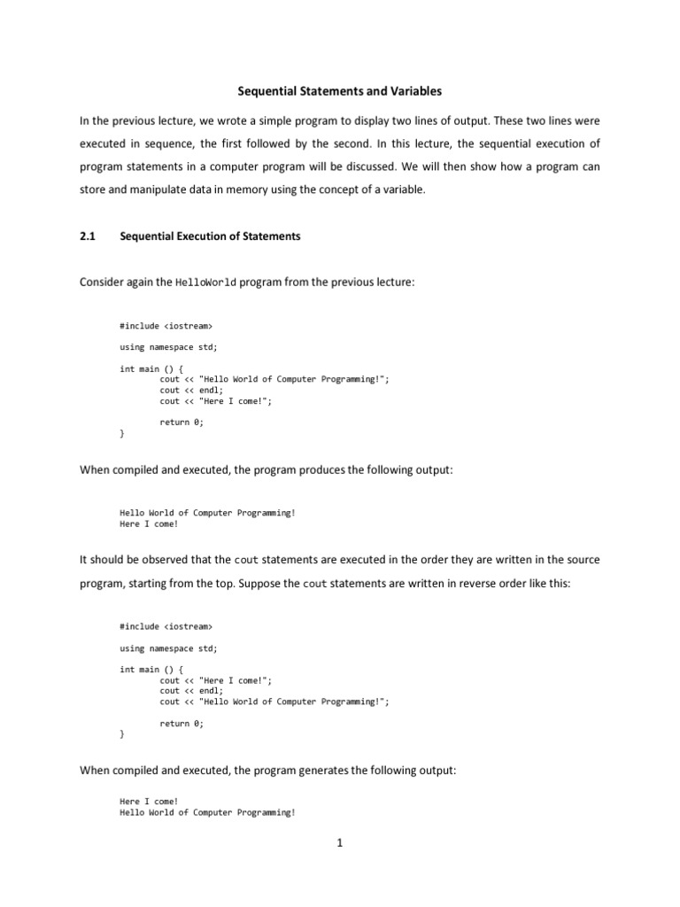 Sequential Statements And Variables Helloworld Pdf Variable Computer Science Integer