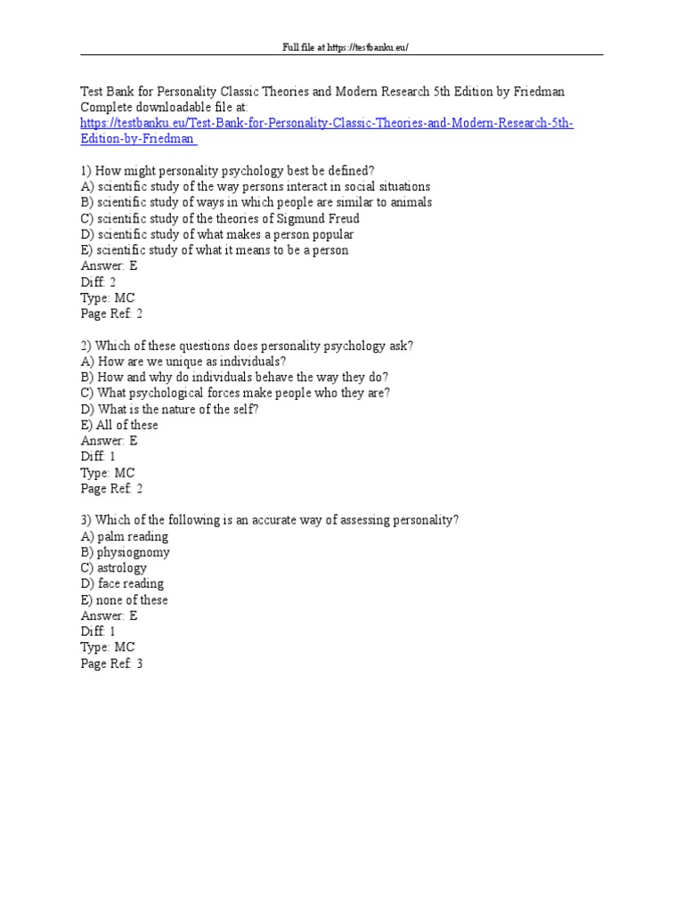 Test Bank For Personality Classic Theories and Modern Research 5th ...