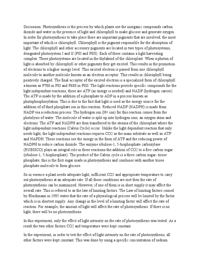 Photosynthesis Lab | PDF | Photosynthesis | Chlorophyll