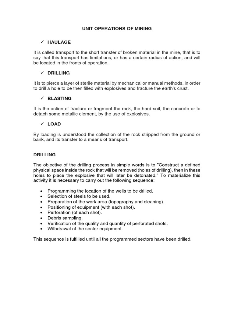 Unit Operations of Mining | PDF | Explosive Material | Rock (Geology)