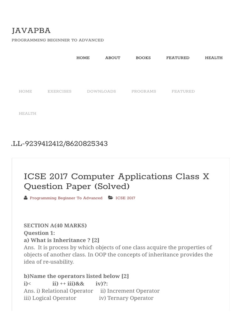 ICSE 2017 Computer Applications Class X Question Paper (Solved) JAVAPBA | PDF | Constructor ...
